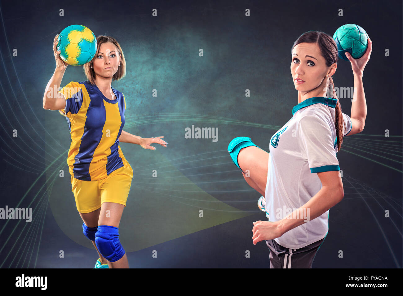 female handball player with a ball on the field Stock Photo - Alamy
