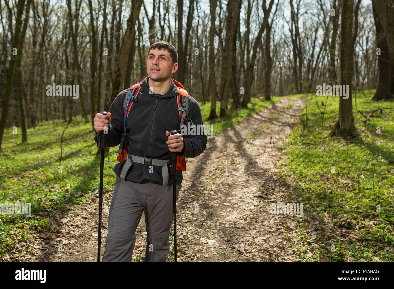 Male hiker looking to the side walking in forest Stock Photo - Alamy
