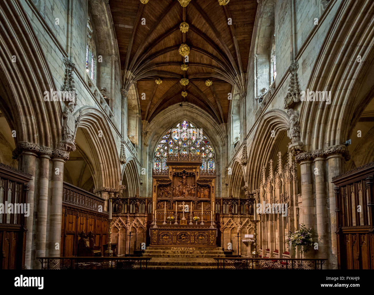 The Jesse Window and altar at Selby Abbey, North Yorkshire, UK Stock ...