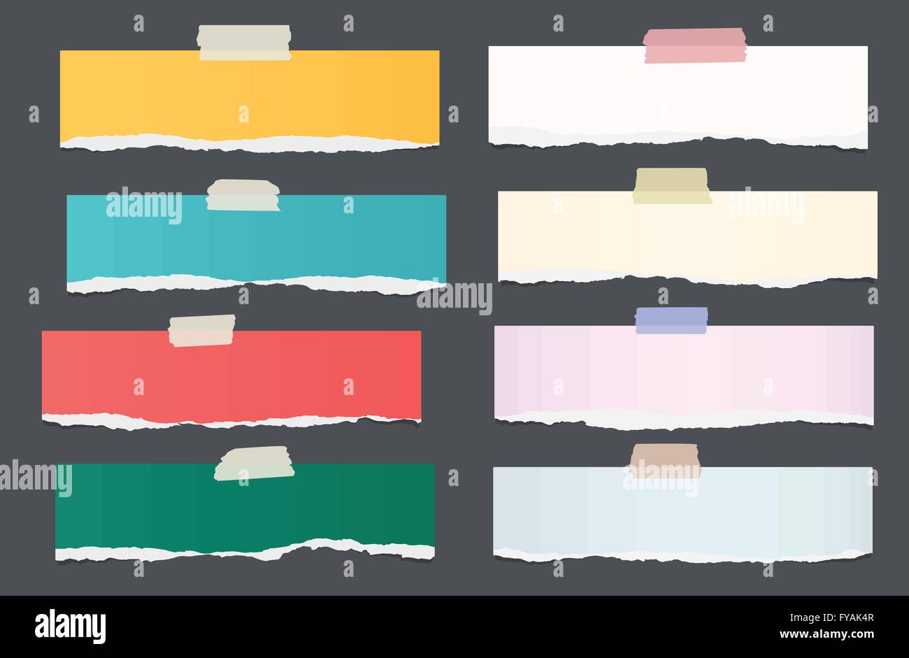 Set of ripped colorful note paper pieces are stuck on dark background ...