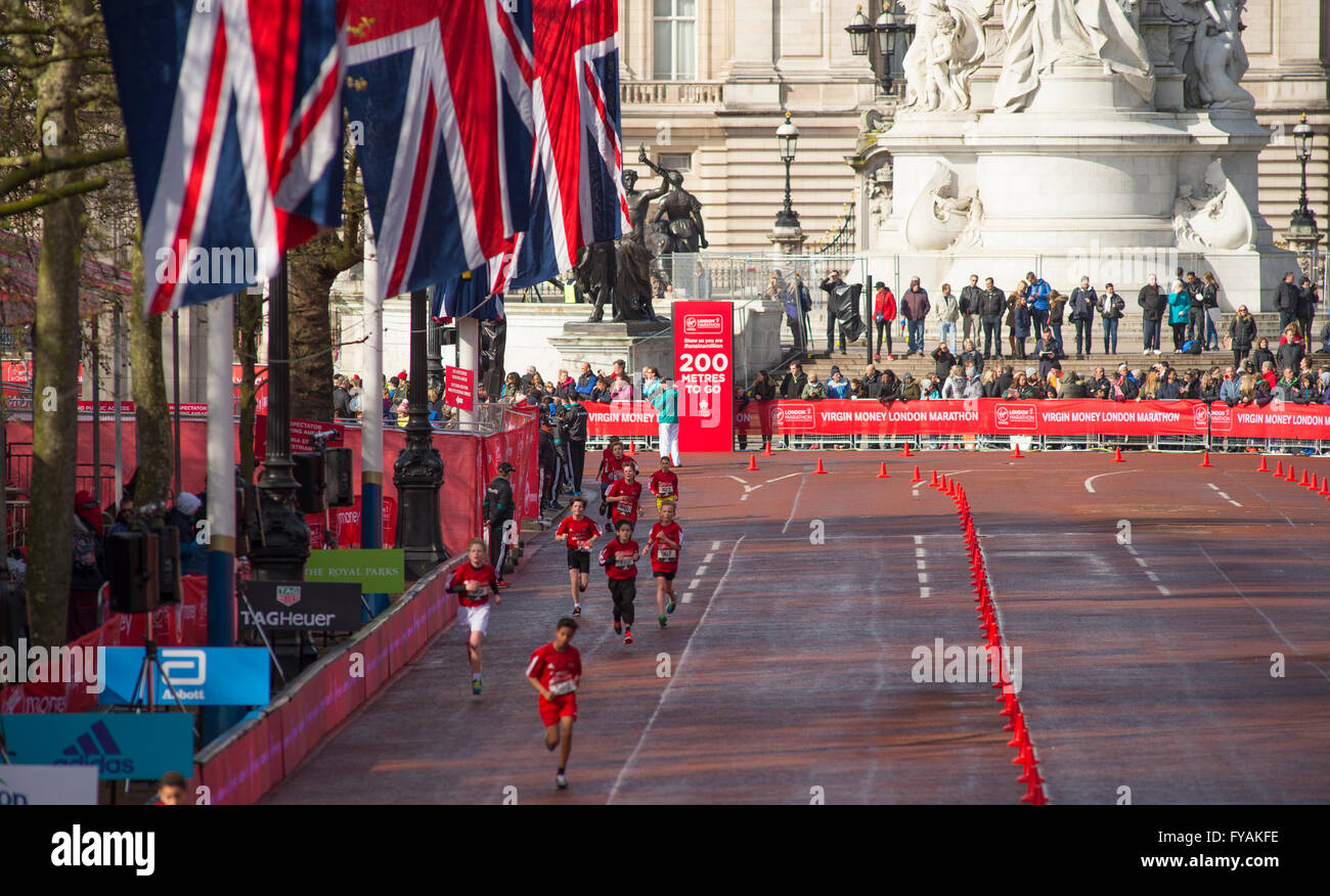 London Marathon 2016 early morning junior runners on the finishing ...