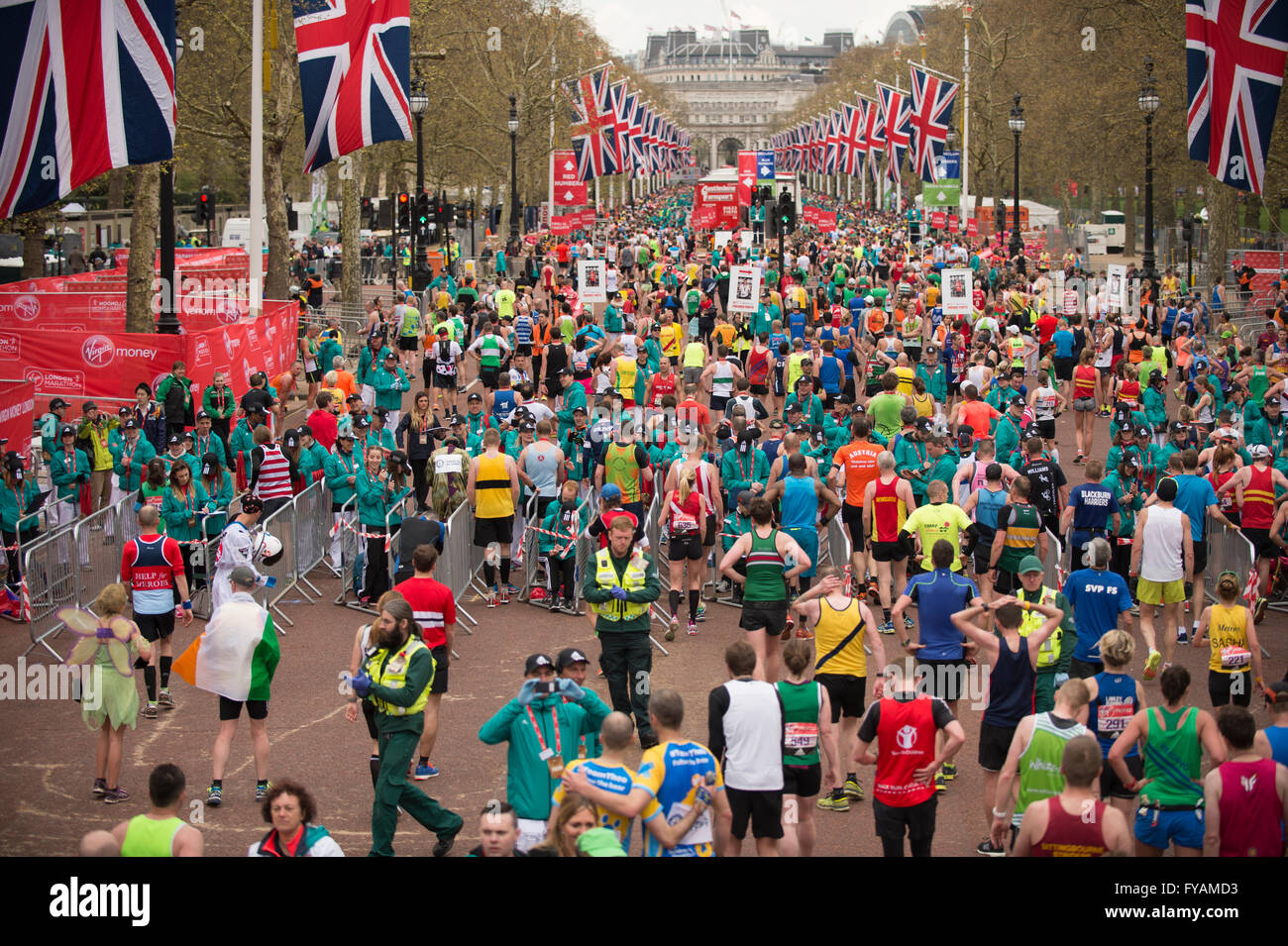 Big logistics for runners in The Mall behind the London Marathon finish ...