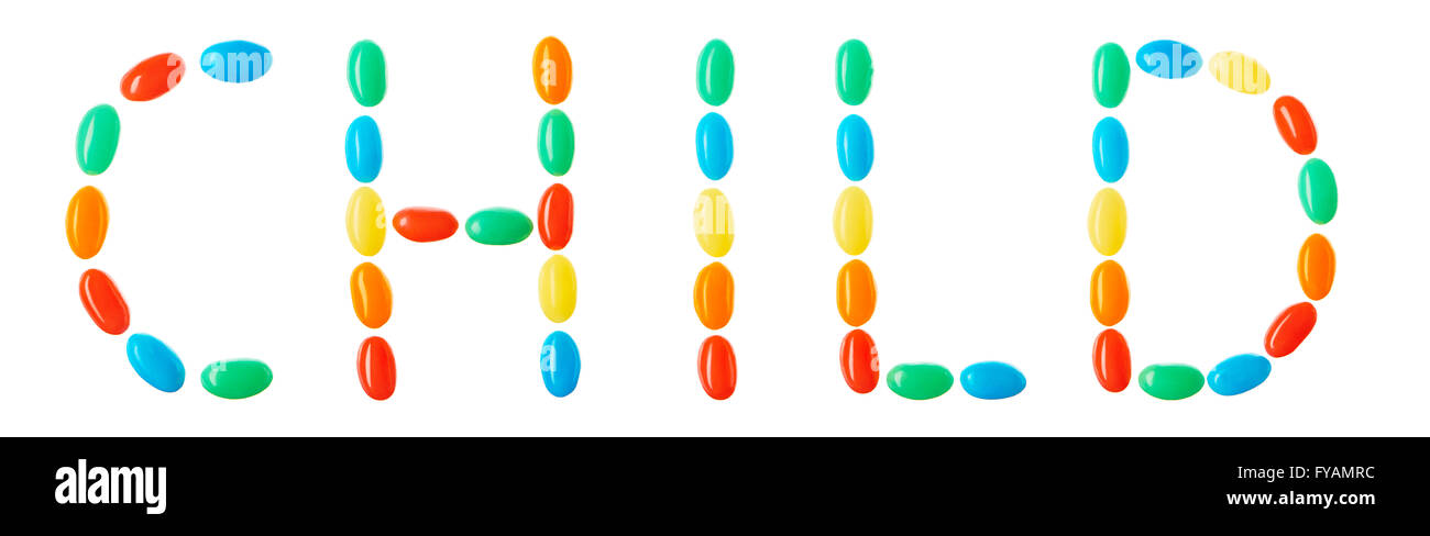 Child lettering made of multicolored candies isolated on white ...