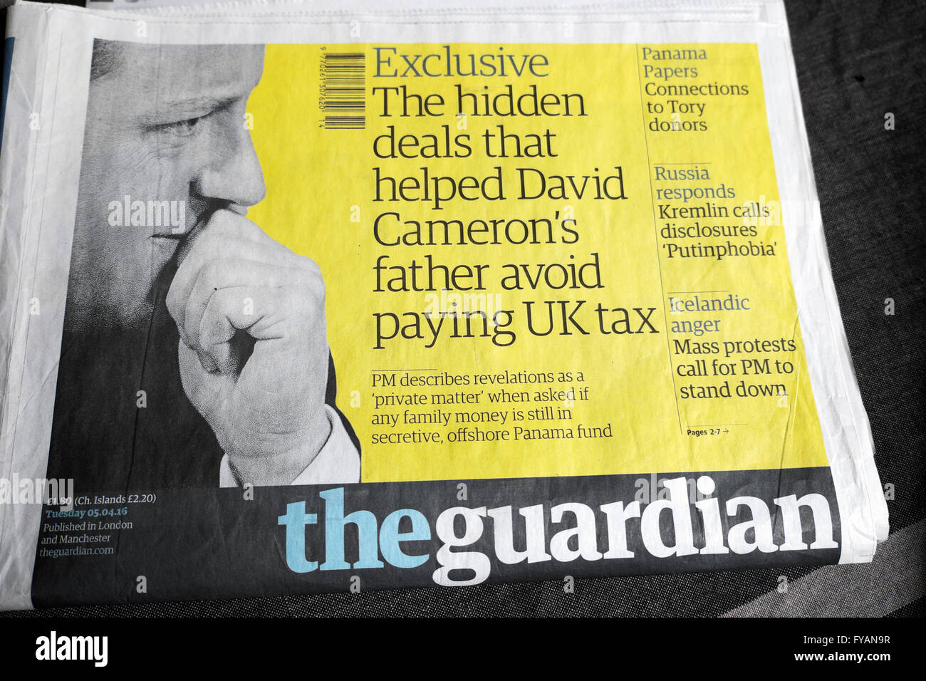 Guardian newspaper front page headline Panama Papers David Cameron 5 ...