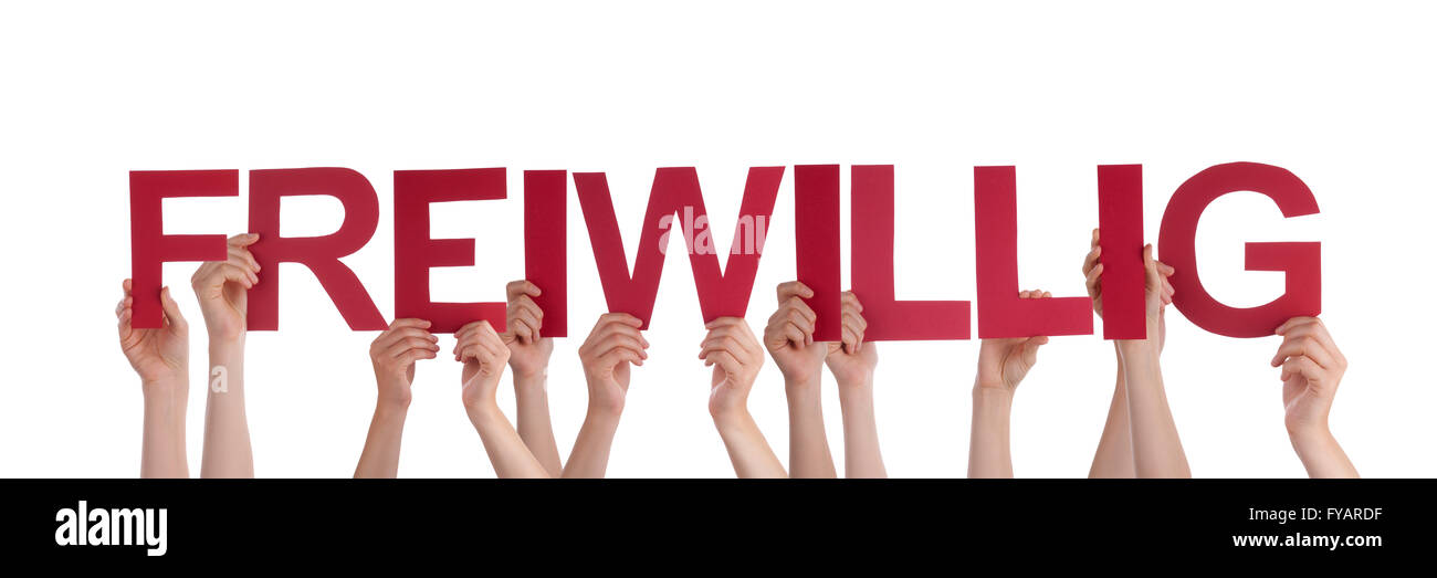 People Holding Red Straight German Word Freiwillig Means Volunta Stock ...
