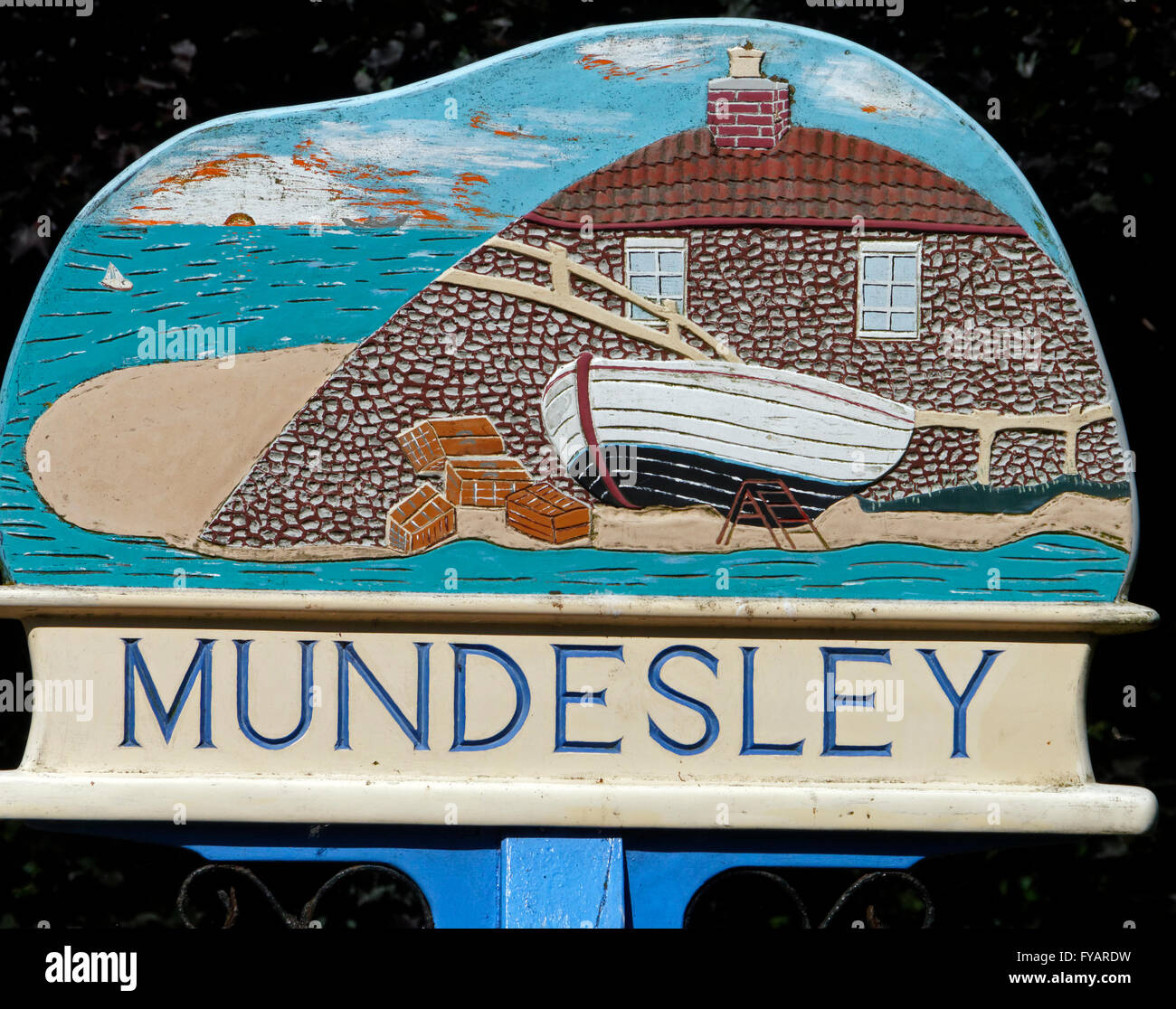 The Village sign for the coastal resort of Mundesley in Norfolk ...