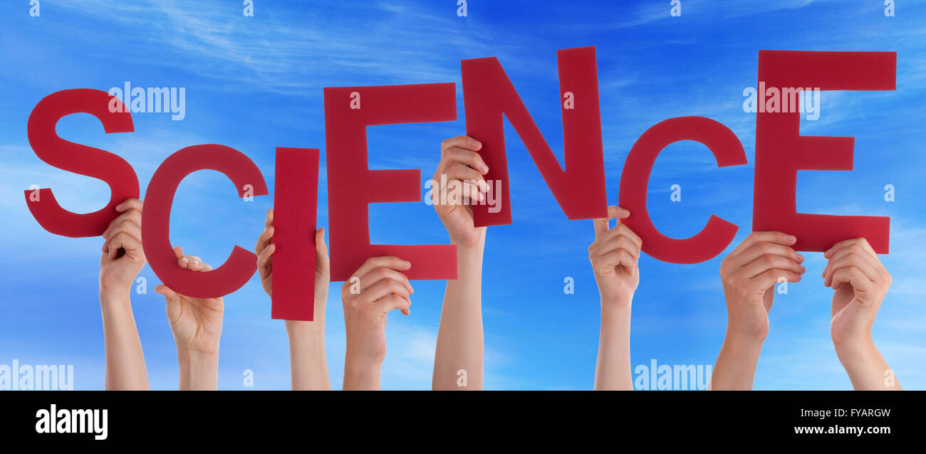 Many People Hands Holding Red Word Science Blue Sky Stock Photo - Alamy