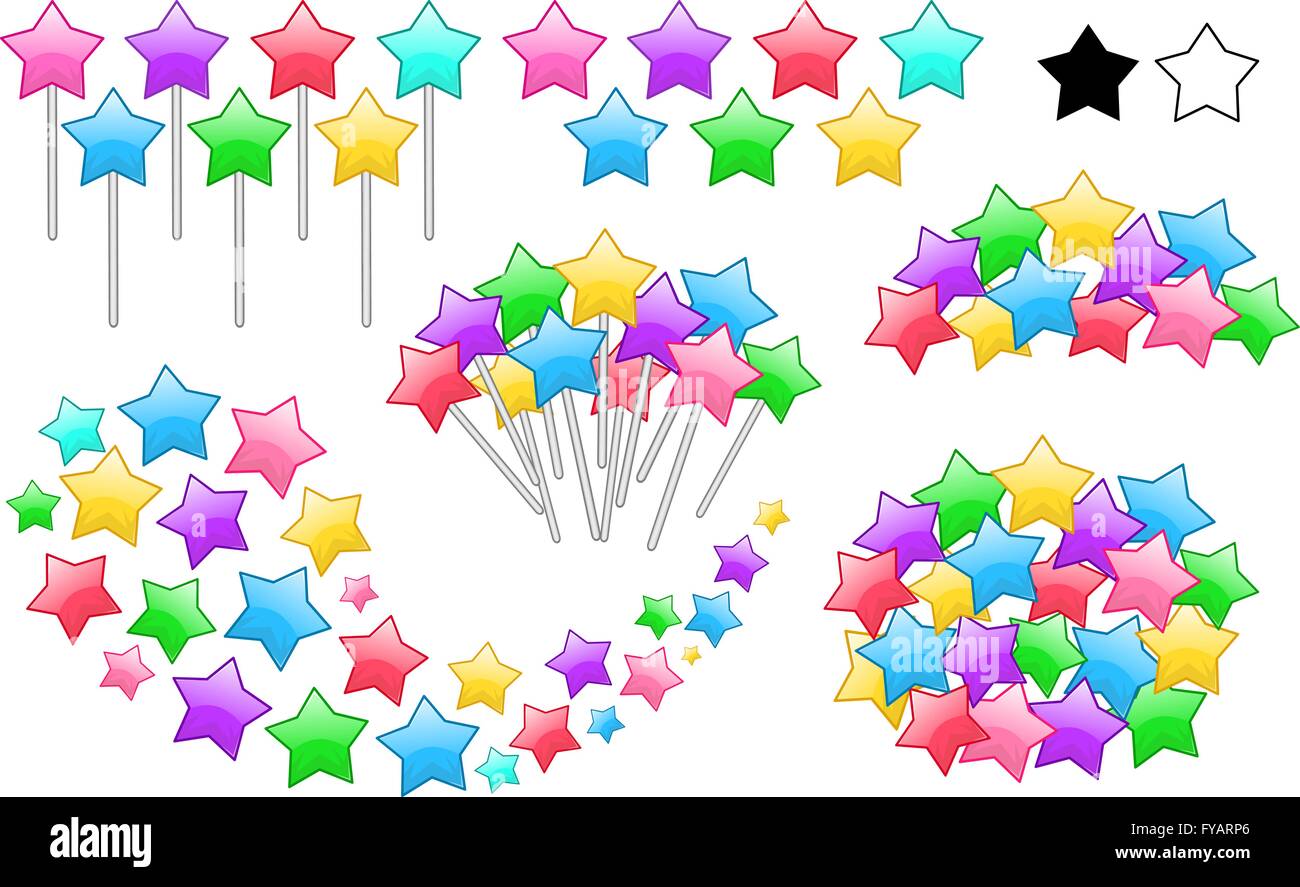 Vector illustration set of colorful stars on stick in various forms ...