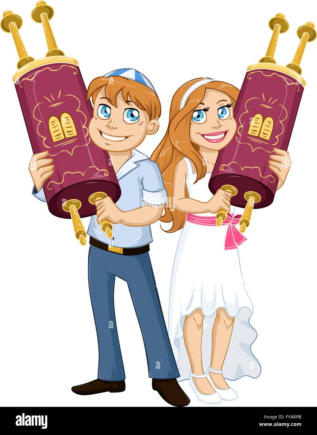 Vector illustration of Jewish boy and girl holding the Torah for Bar ...