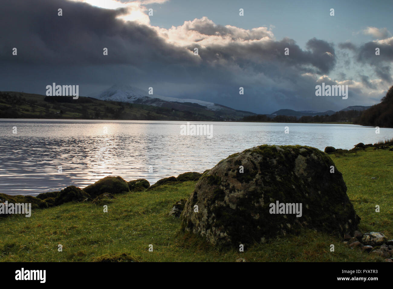 Arran Mountain with a dusting of snow as viewed from Bala lake Stock ...