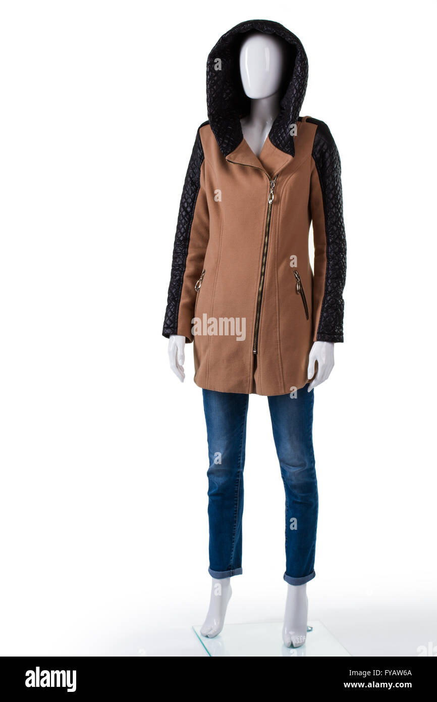 Brown coat with diagonal zipper Stock Photo - Alamy