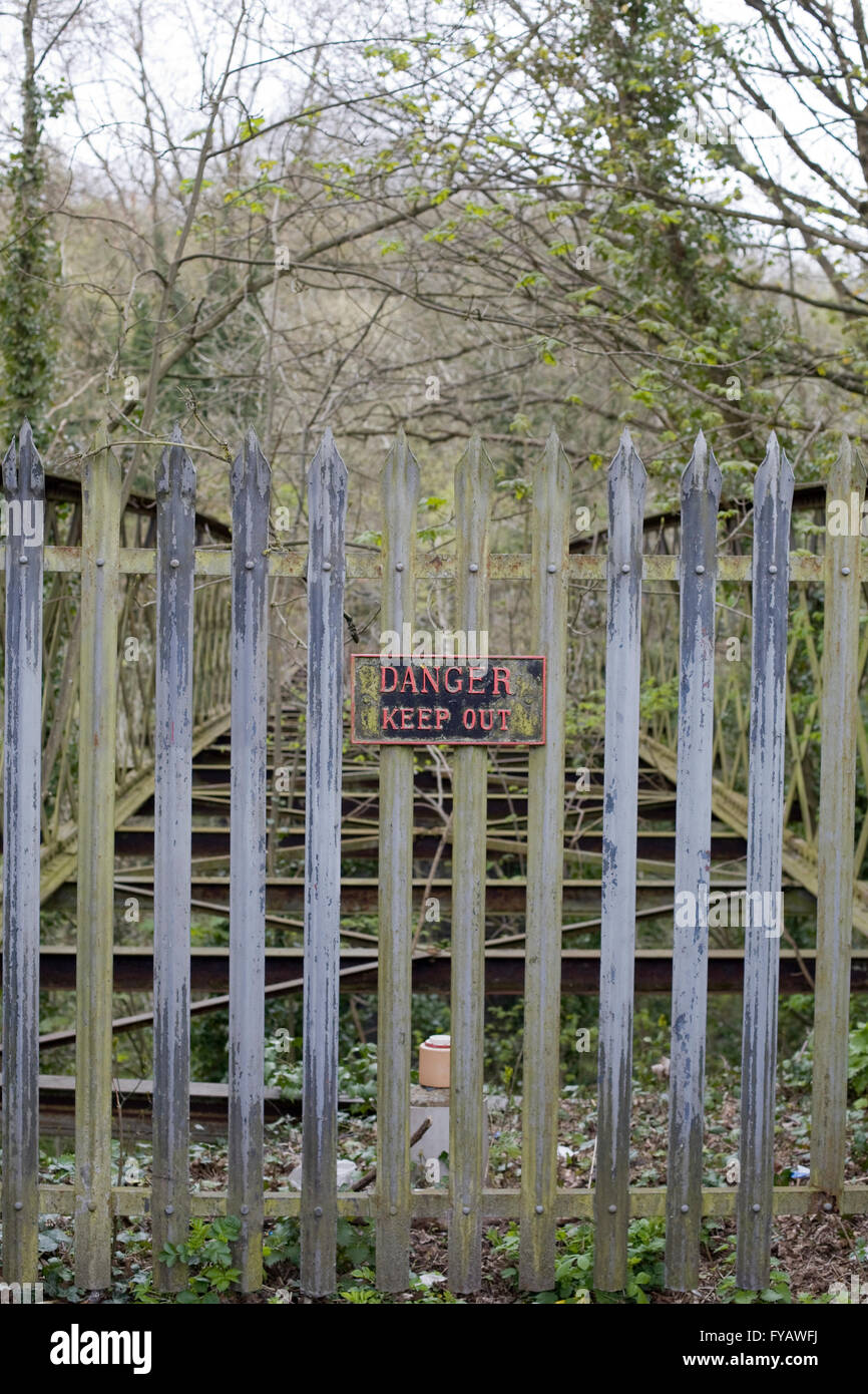 sign on a gate to a collapsed bridge "Danger Keep out Stock Photo - Alamy