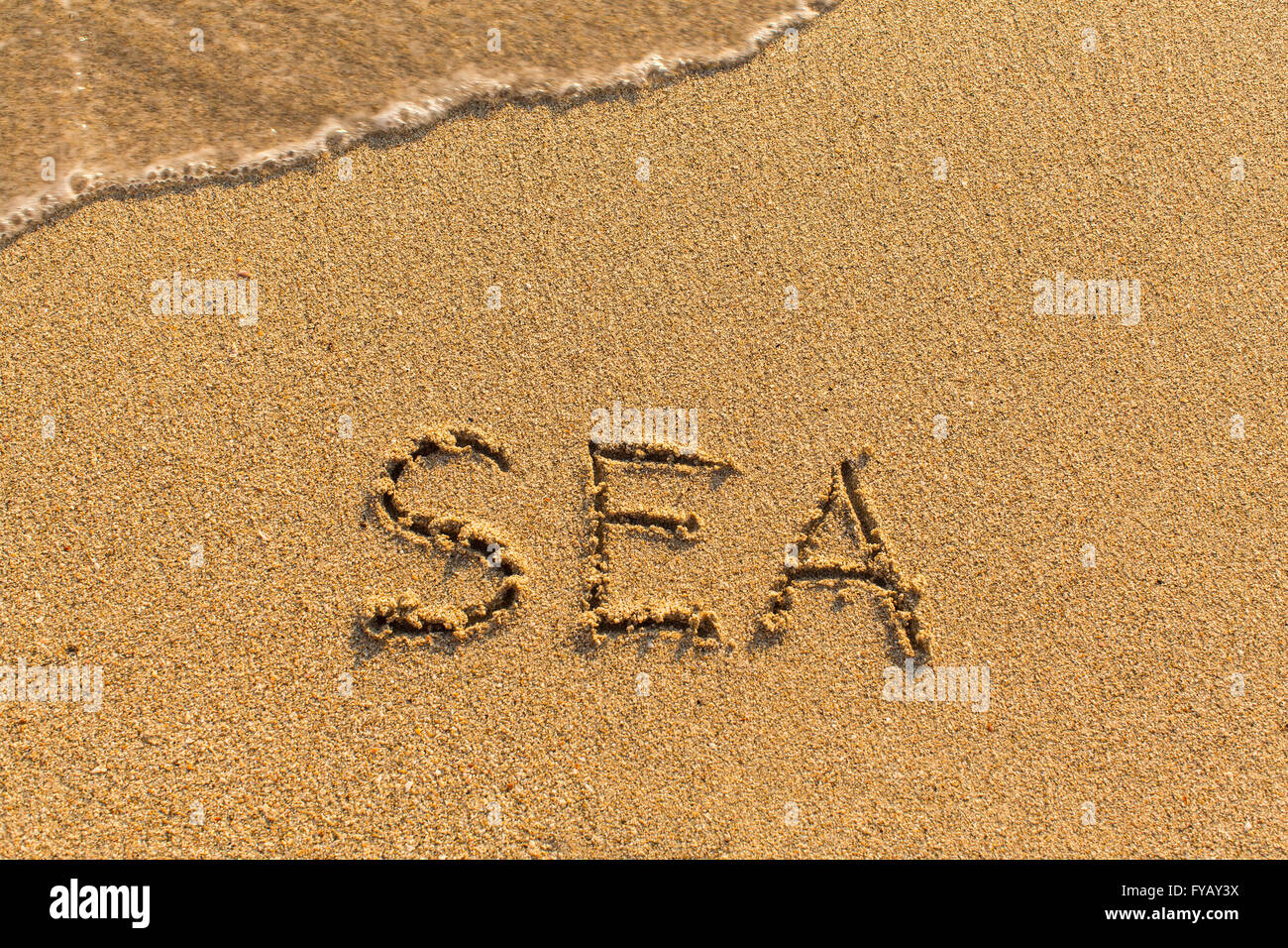 Sea - written on sandy beach with the soft wave Stock Photo - Alamy