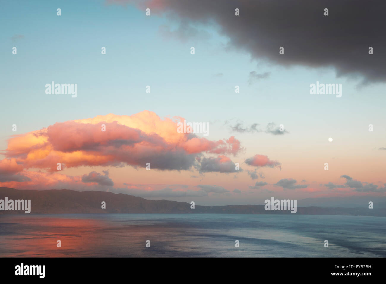 Sunset in Crete with full moon. Mediterranean landscape. Greece ...