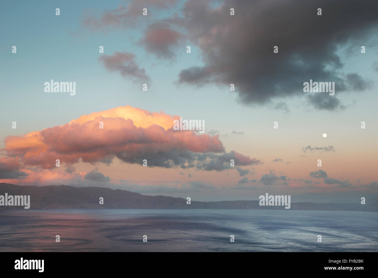 Sunset in Crete with full moon. Mediterranean landscape. Greece ...