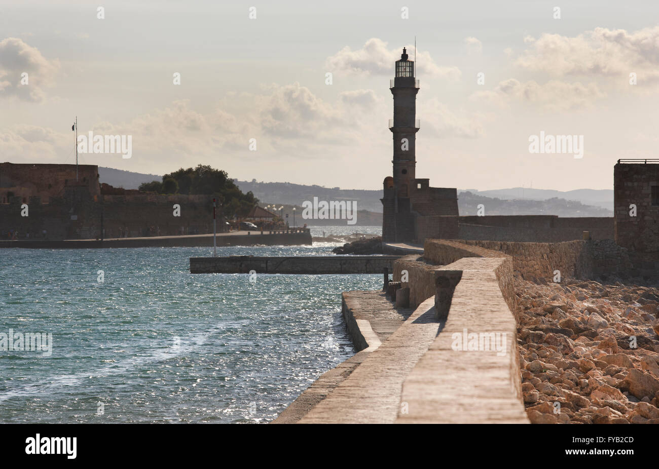 Chania port and venetian lighthouse. Crete. Horizontal Stock Photo - Alamy