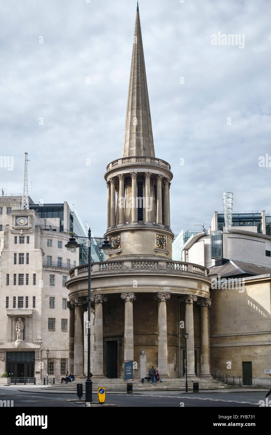 All Souls Church (John Nash, 1824), Langham Place, London. Behind it ...