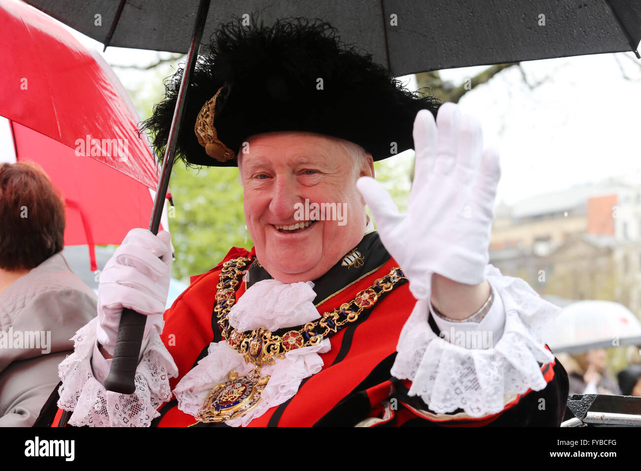 Manchester, UK. 24th April, 2016. The Lord Mayor Paul Murphy waves to ...