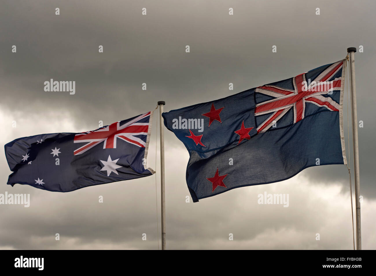 Australian and New Zealand flags fly side by side during an ANZAC Day ...