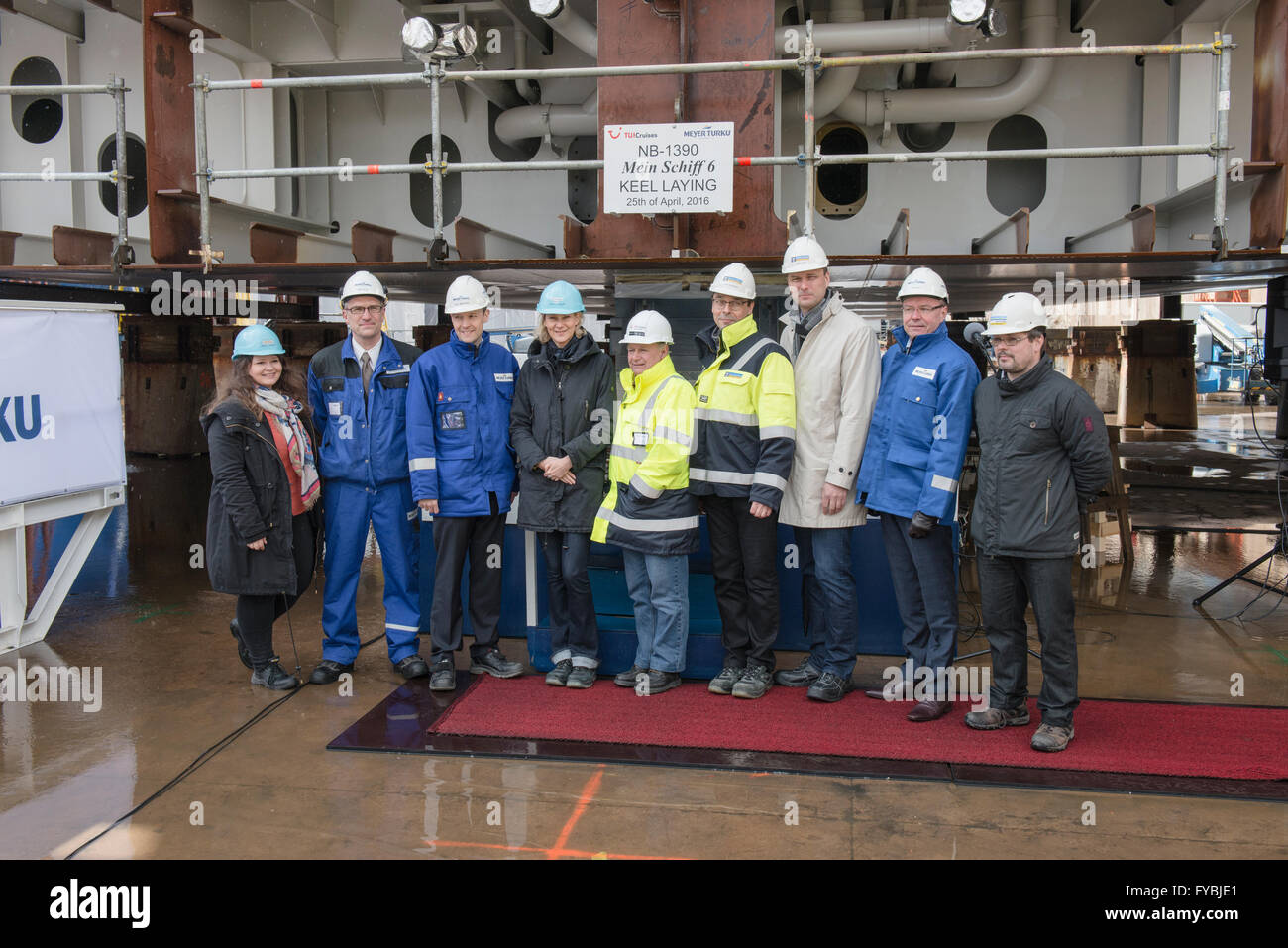 Turku, Finland. 25th Apr, 2016. Keel Laying of Mein Schiff 6. From left ...