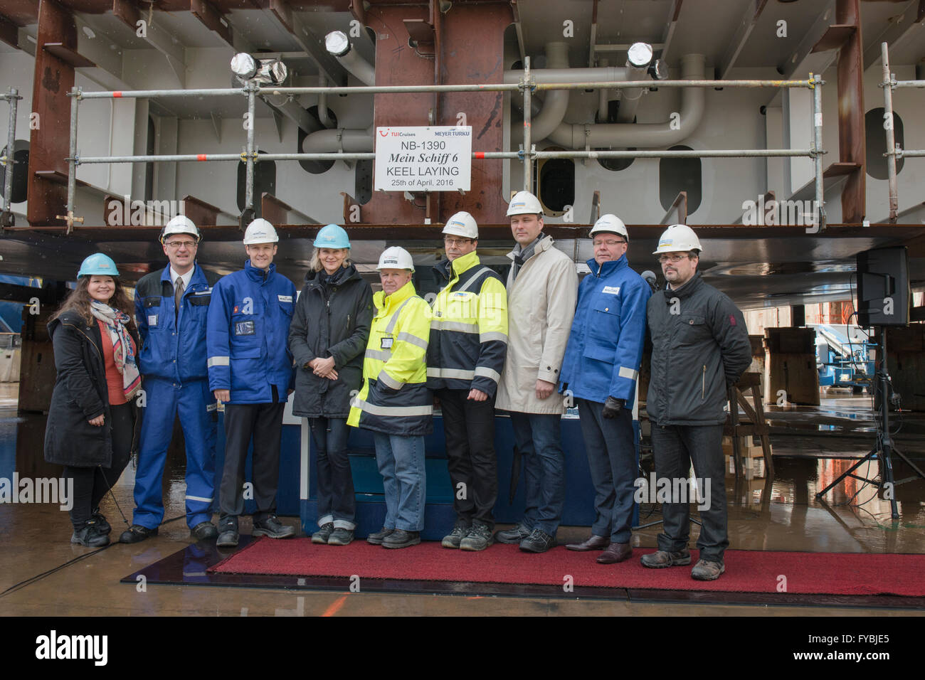 Turku, Finland. 25th Apr, 2016. Keel Laying of Mein Schiff 6. From left ...