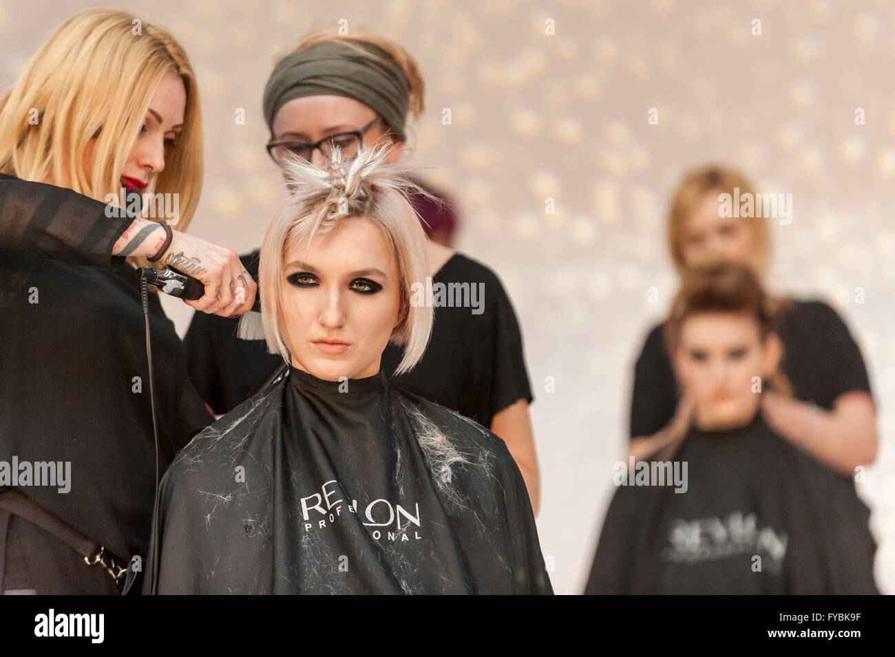 London, UK. 25 April 2016. Models receive new hairstyles at Pro Hair ...