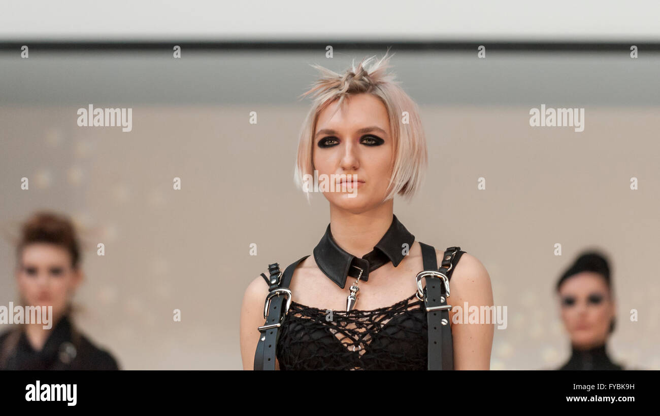 London, UK. 25 April 2016. Models with new hairstyles at Pro Hair Live ...