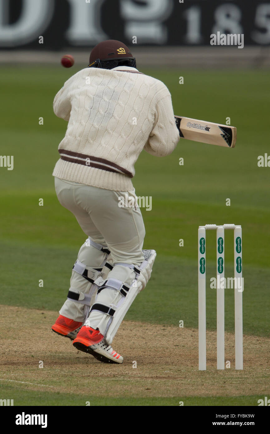 London, UK. 25 April 2016. Mark Footitt ducks a short delivery from ...