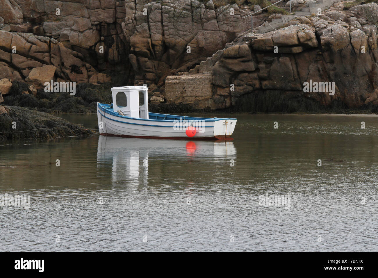 Small white fishing boat Ireland at The Rosses near Burtonport County ...