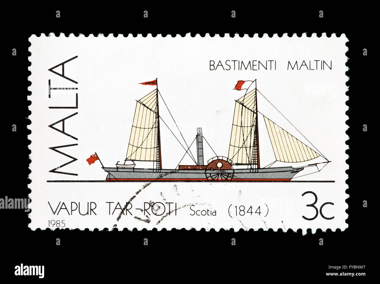 Postage stamp from Malta depicting a Scotia paddle steamer boat Stock ...