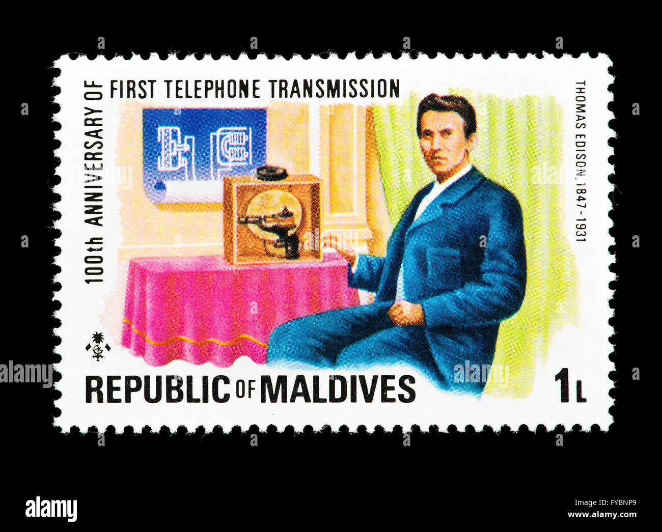 Postage stamp from the Maldives depicting Thomas Edison, centennial of ...