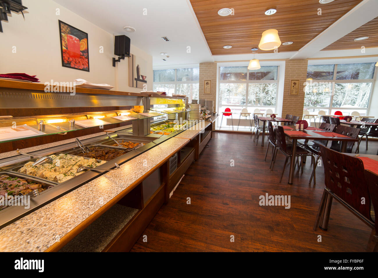 Restaurant stylish interior with line of self-service Stock Photo - Alamy