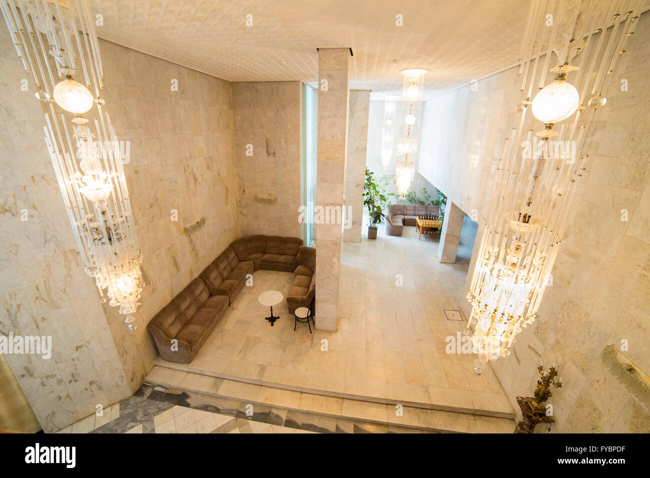 Hotel foyer interior with chandeliers high angle view Stock Photo - Alamy