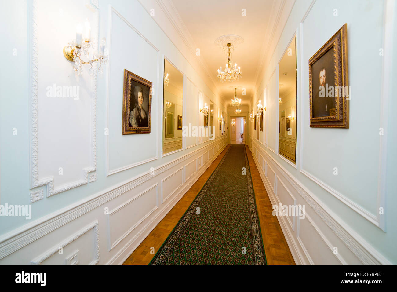 Classic mansion interiors, corridor with pictures, Moscow region ...
