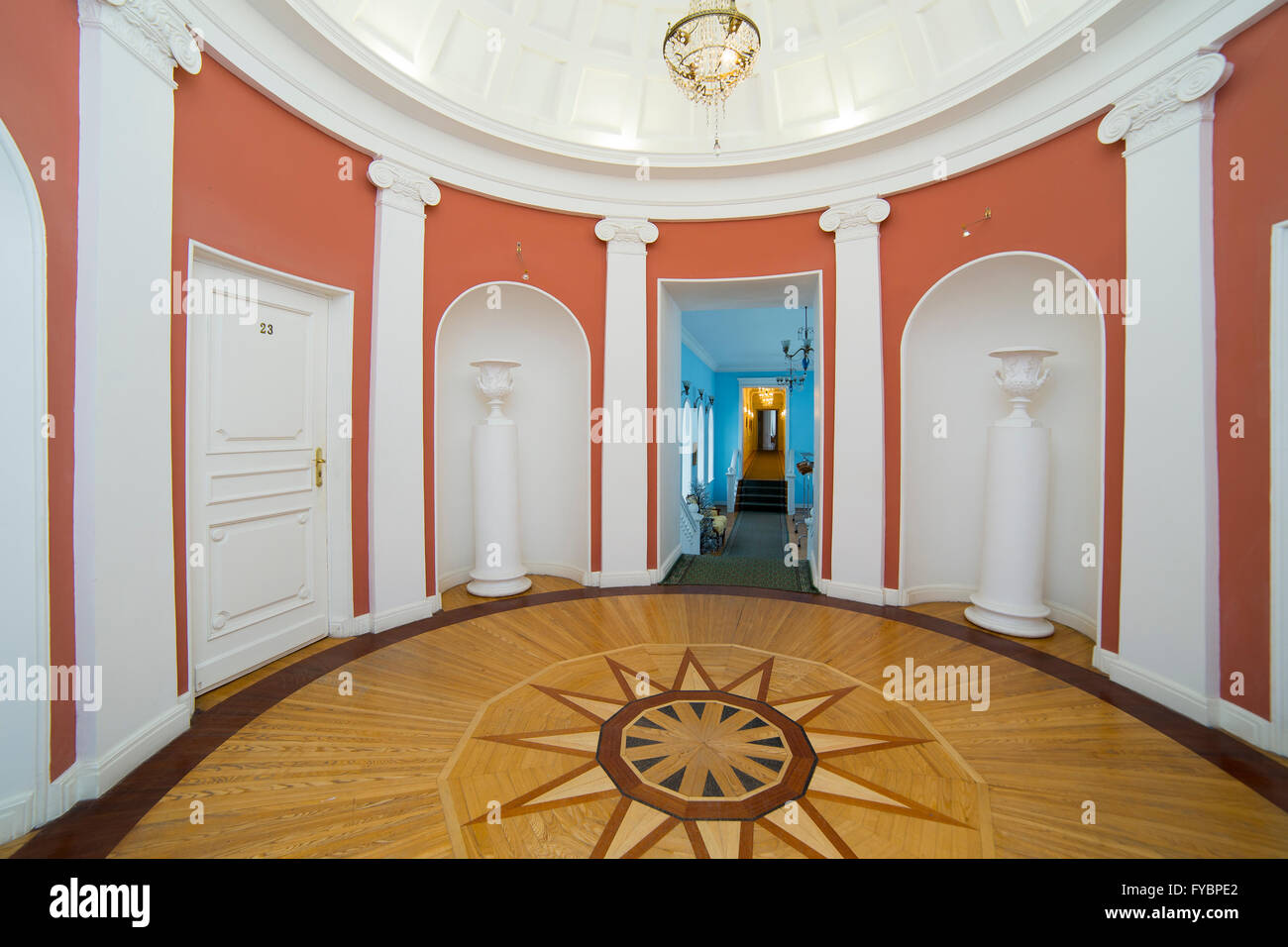 Classic mansion interiors, round hall with columns, Moscow region ...