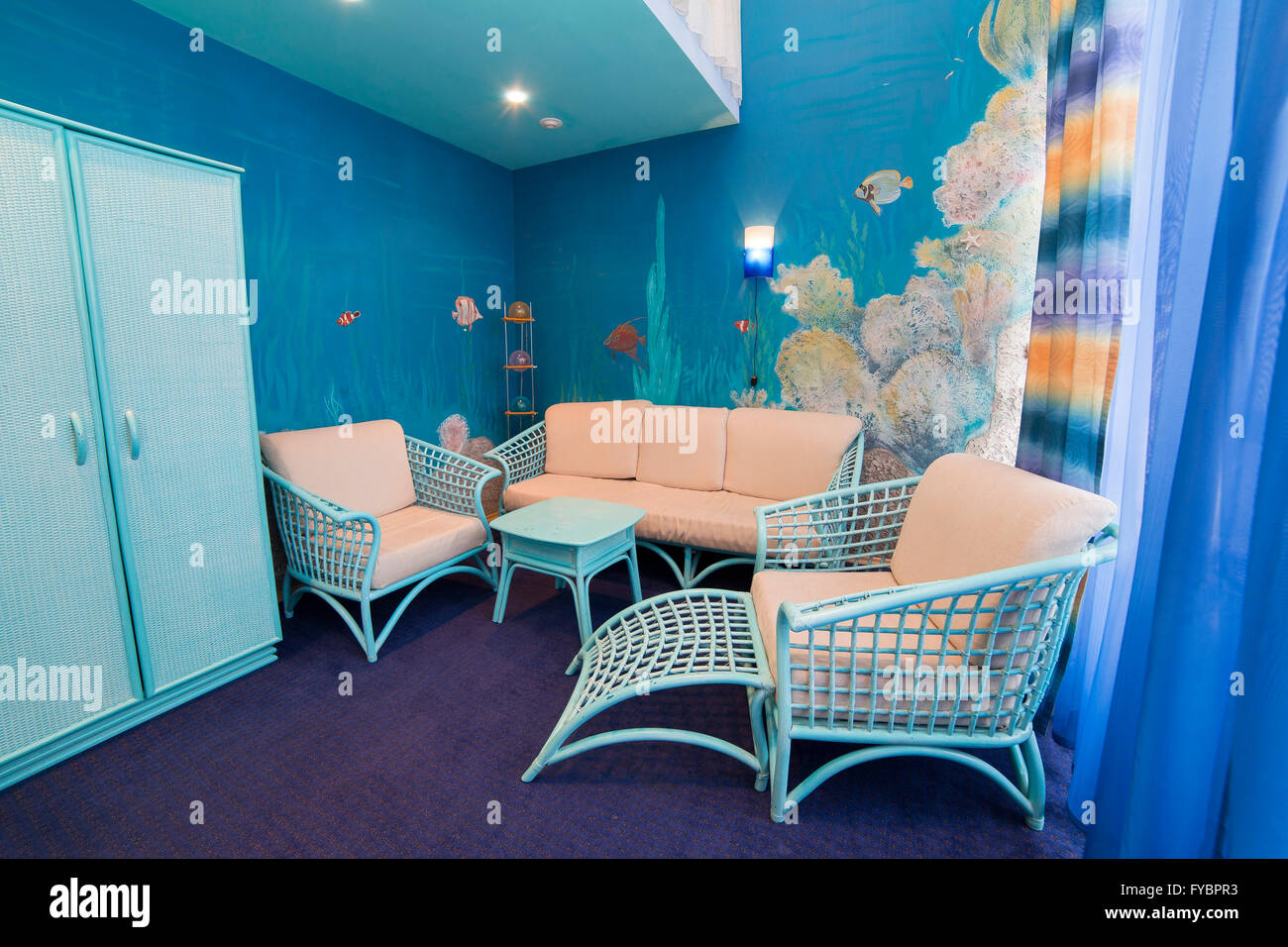 Hotel apartments interior in sea wave colour Stock Photo - Alamy