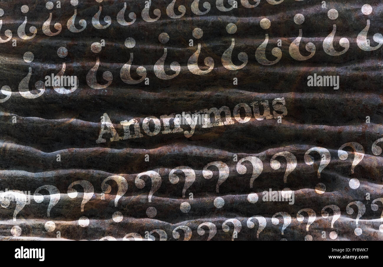 Single word Anonymous surrounded with question marks on dark background ...