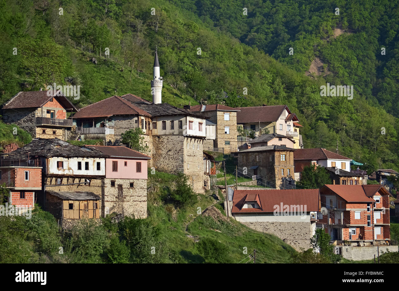 Small Macedonian Muslim village with mosque on the mountain slope Stock ...