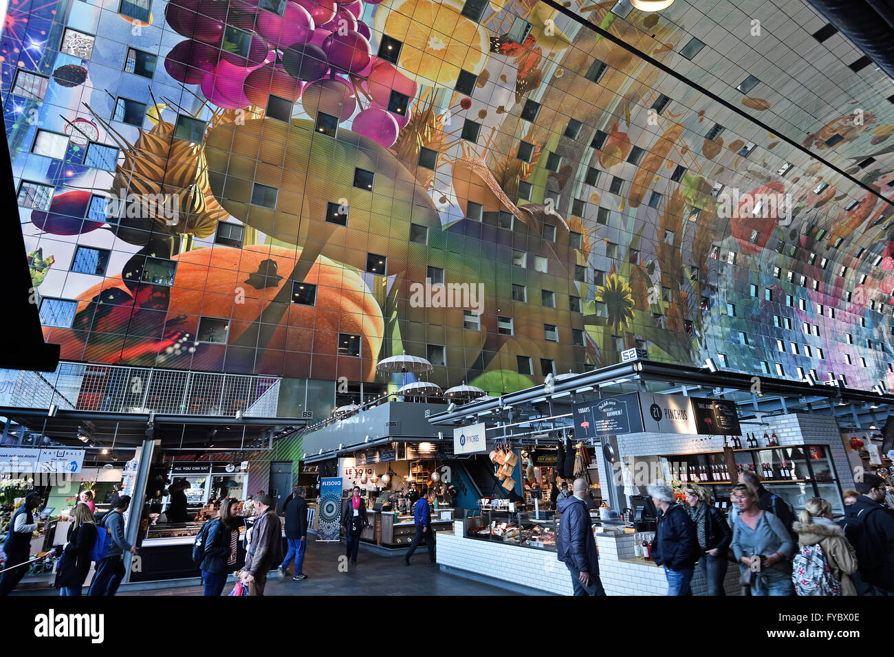 Colorful interior of the Rotterdamse Markthal (Rotterdam Market hall ...