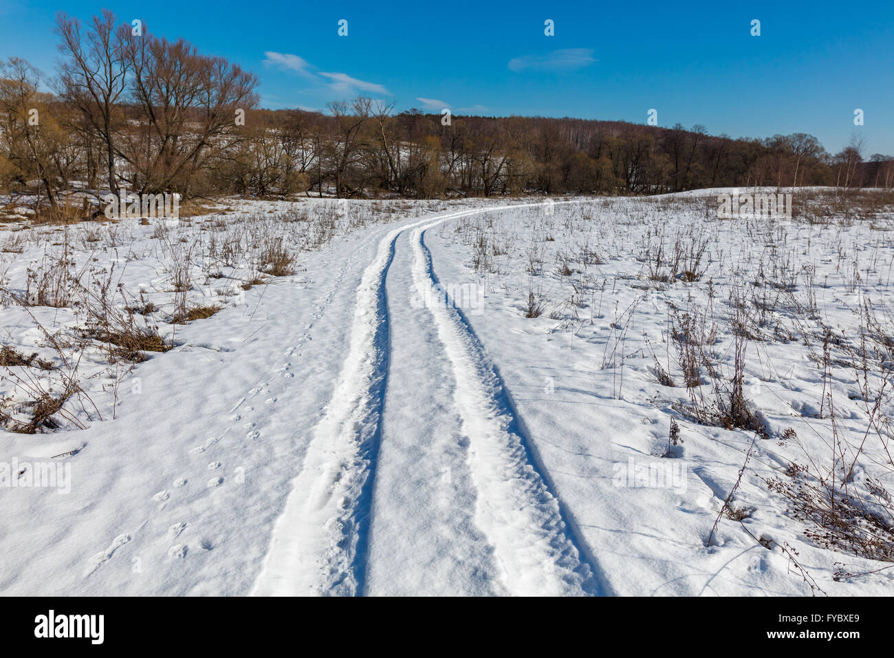 Snow track in the field at spring day Stock Photo - Alamy