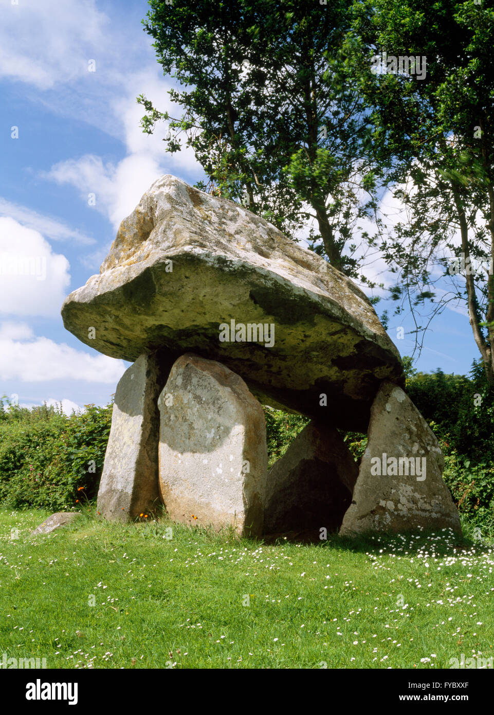 Looking NW at the burial chamber uprights and up under the capstone of ...