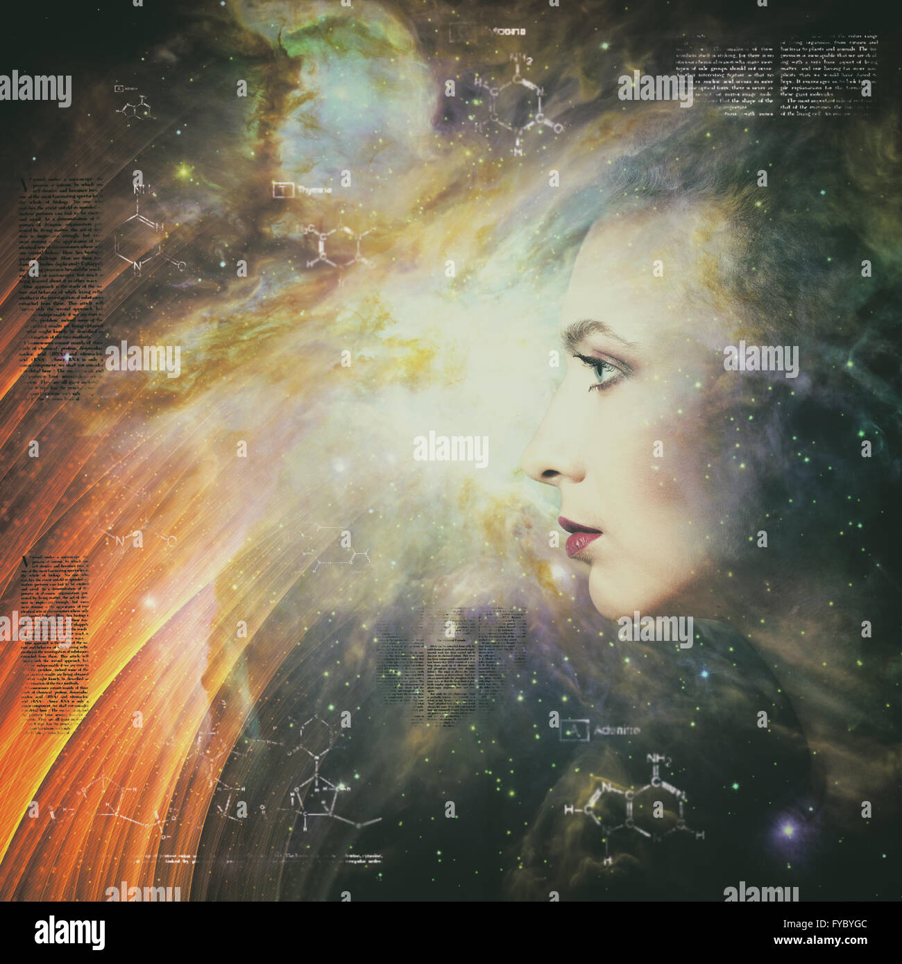 Mankind and evolution, female portrait against abstract science ...