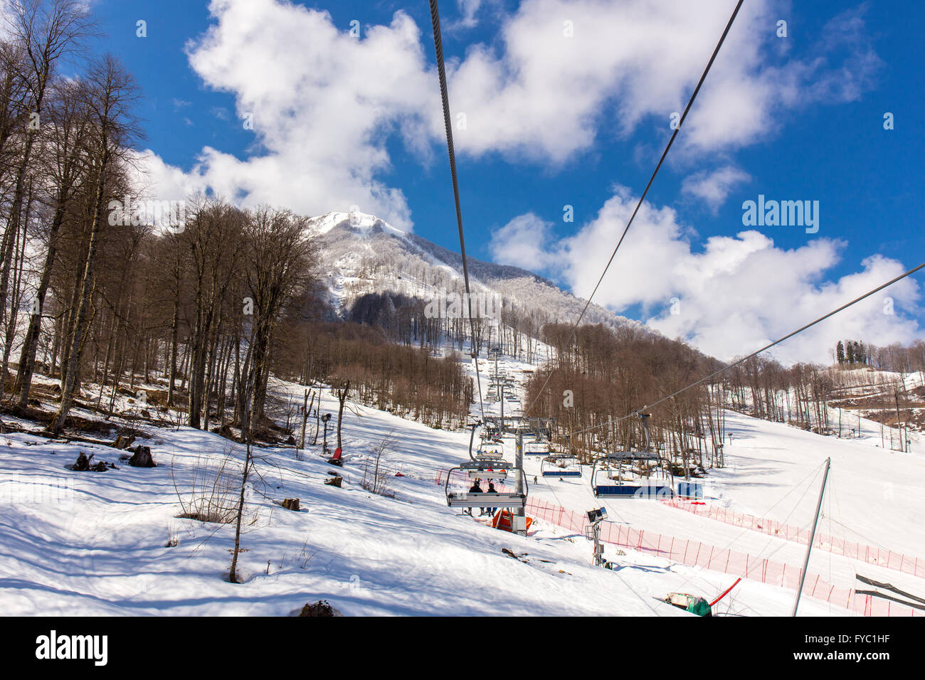 ROSA KHUTOR, RUSSIA - MARCH 31, 2016: View of slopes of Rosa Khutor ski ...