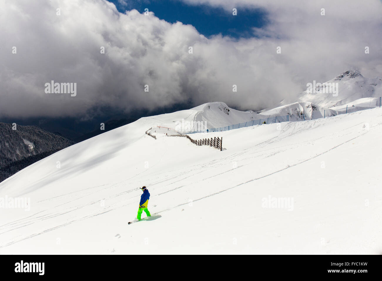 ROSA KHUTOR, RUSSIA - MARCH 31, 2016: View of slopes of Rosa Khutor ski ...