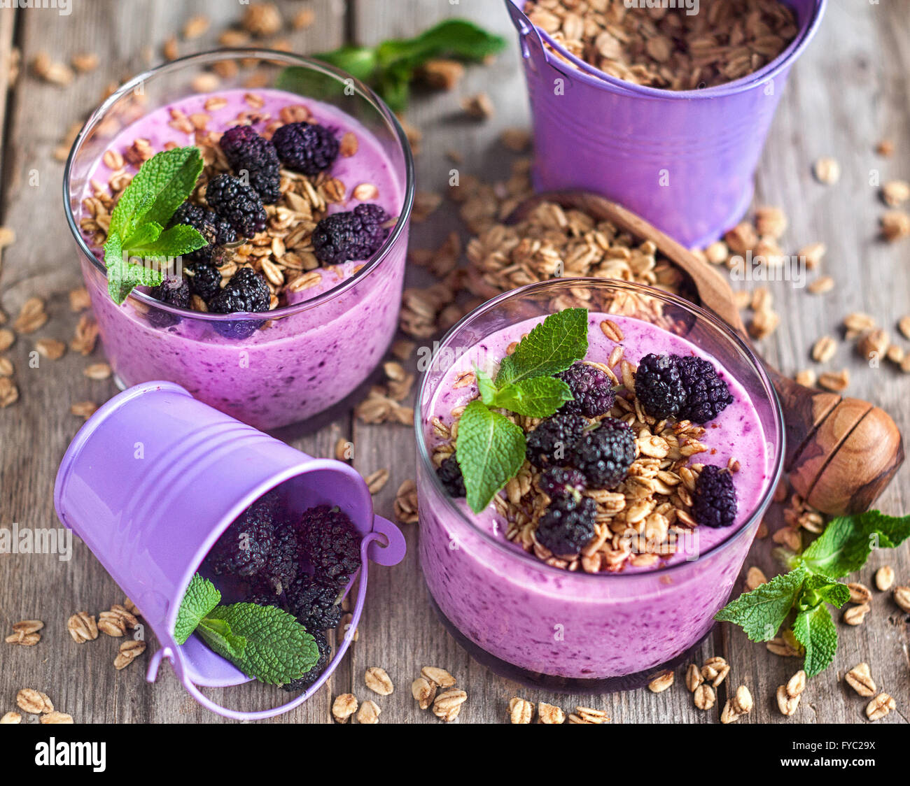 Mulberry smothie with homemade granola Stock Photo - Alamy