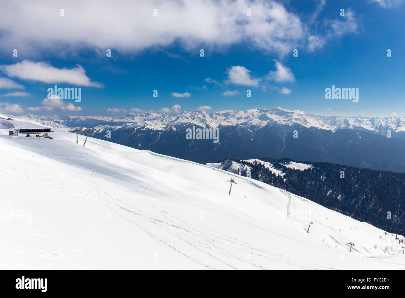 Scenery mountain top view from Rosa Peak with cable ski elevator Stock ...