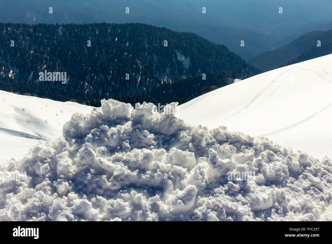 Close up view of snow pile on mountain landscape background Stock Photo ...
