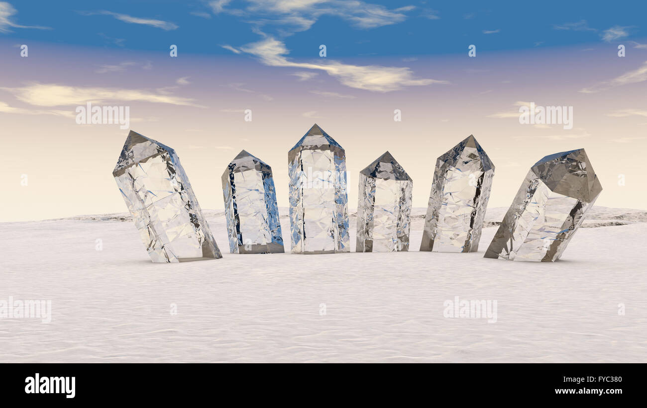 3D illustration of standing together transparent crystals on white ...
