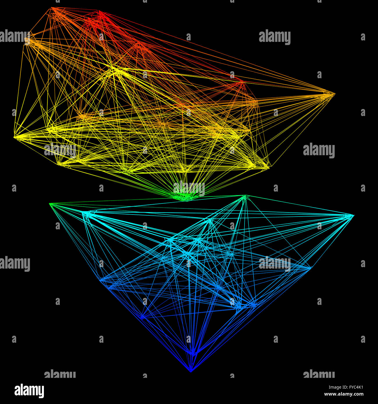 3D illustration of blueprint geometric connection structure on black ...