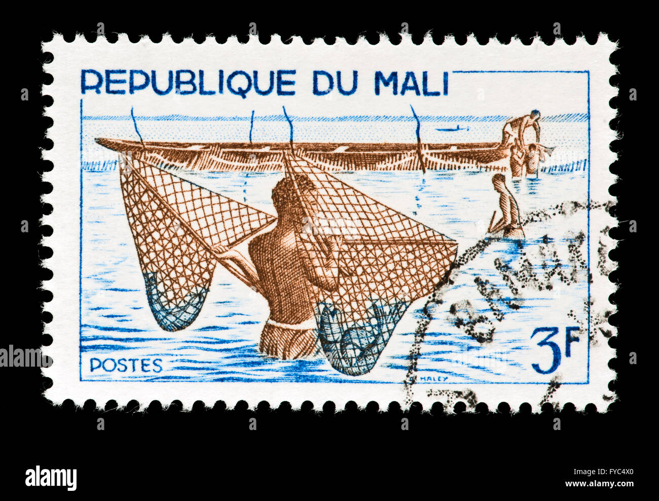 Postage stamp from Mali depicting men with traditional fishing methods ...
